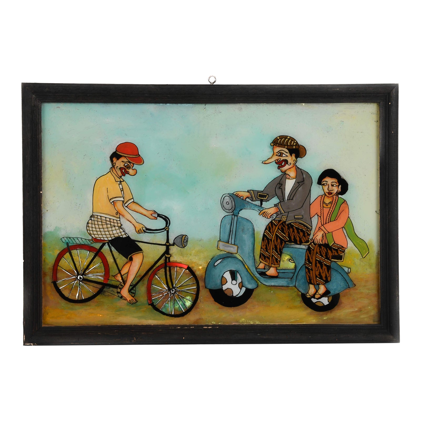 Framed Punakawan Reverse Glass Painting Gareng, Petruk, and His Fiancée ...