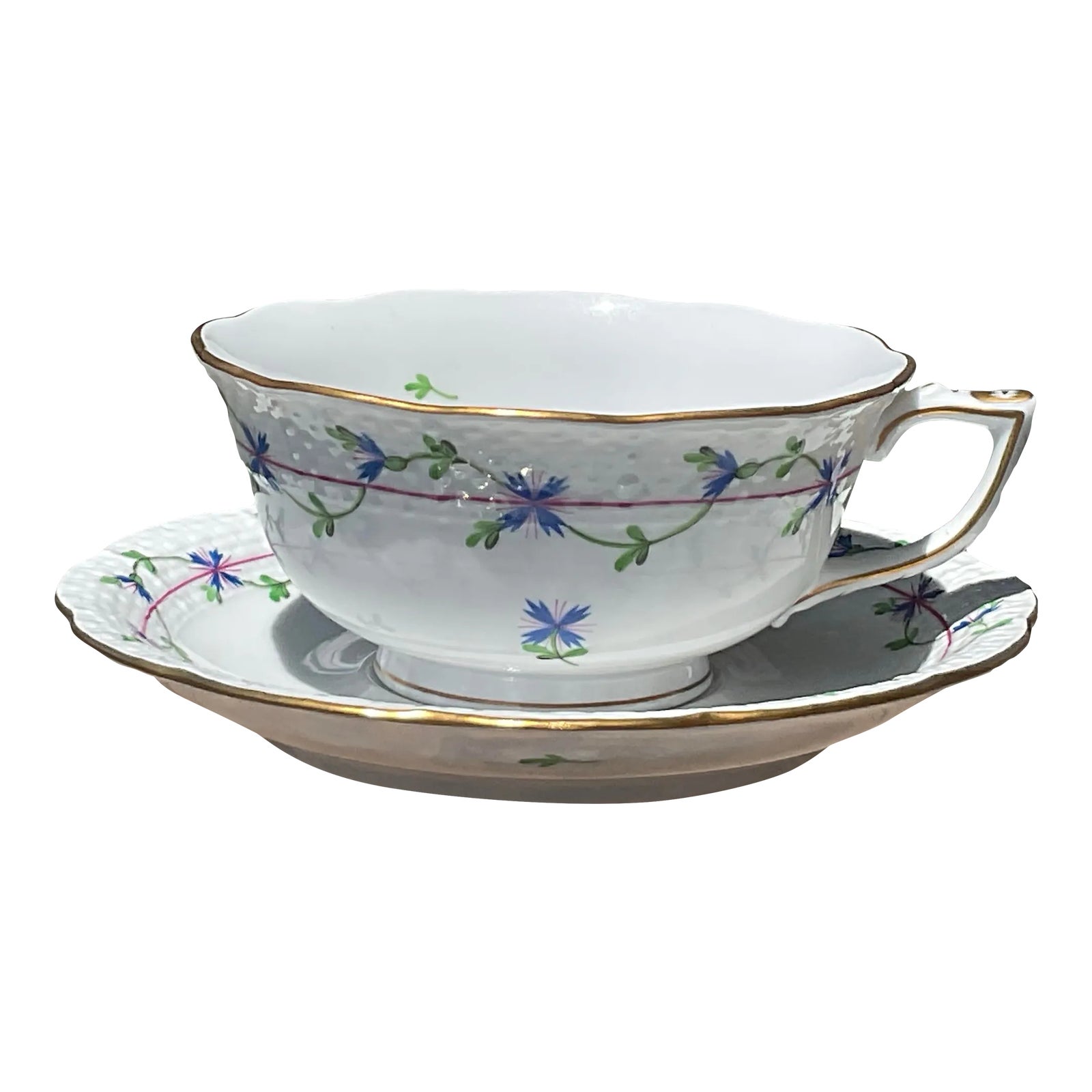 1980s Herend Tea Cup and Saucer in Blue Garland Pattern in the Peony ...