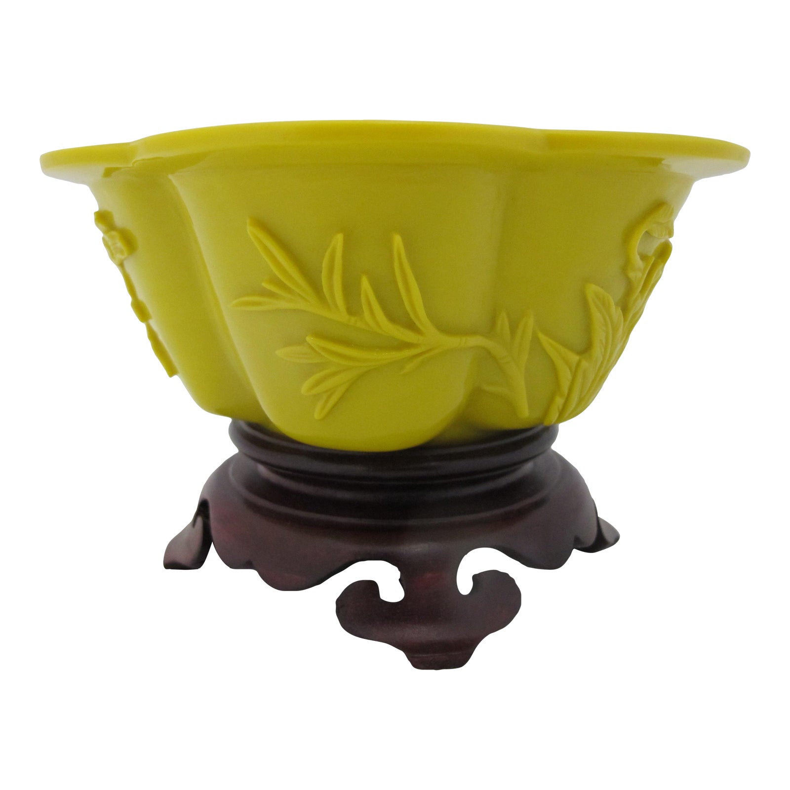 Chinese Imperial Yellow Peking Glass Foliate Lotus Lobed Bowl on Carved ...