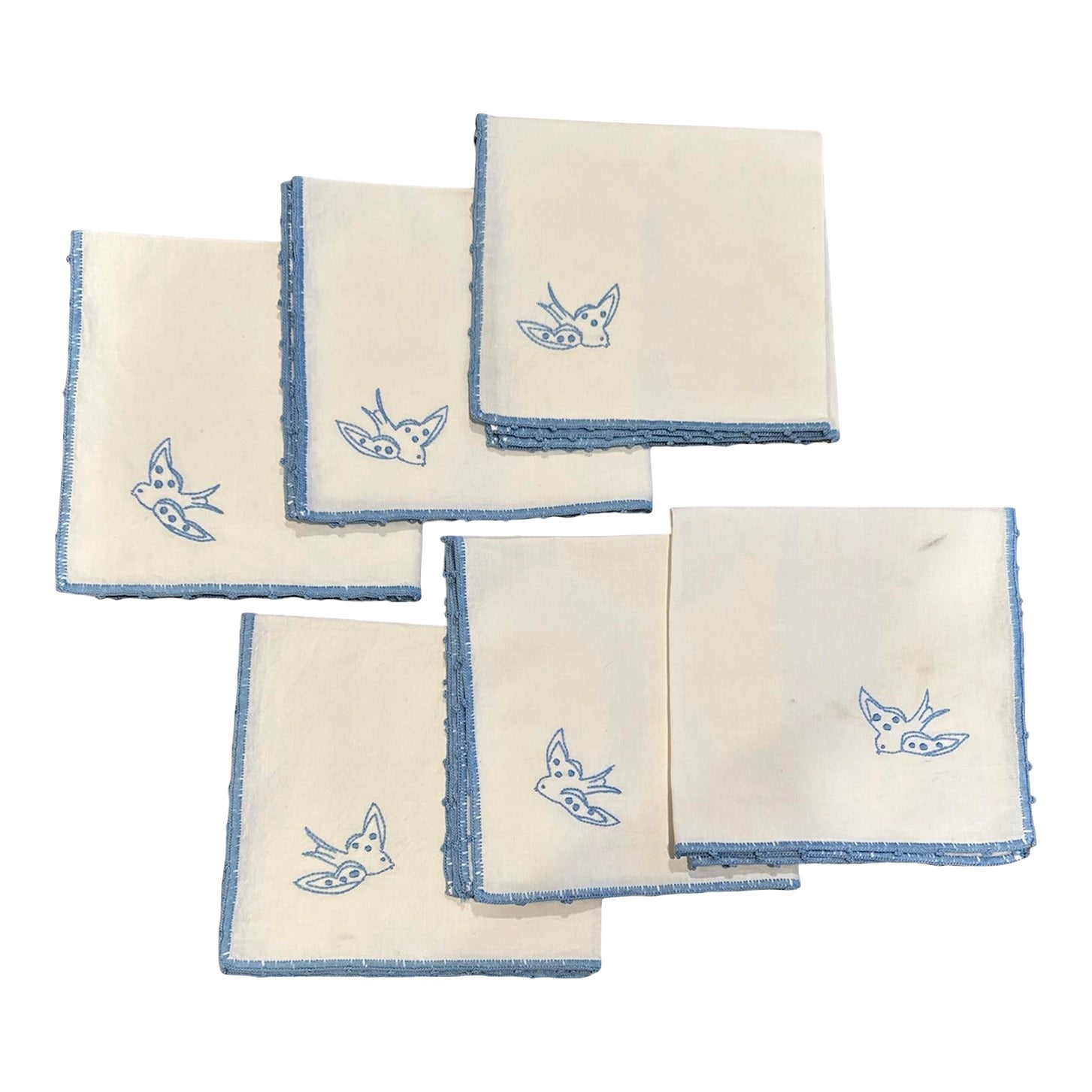 Vintage Embroidered Blue Birds Cotton Napkins Set of 6 | Chairish