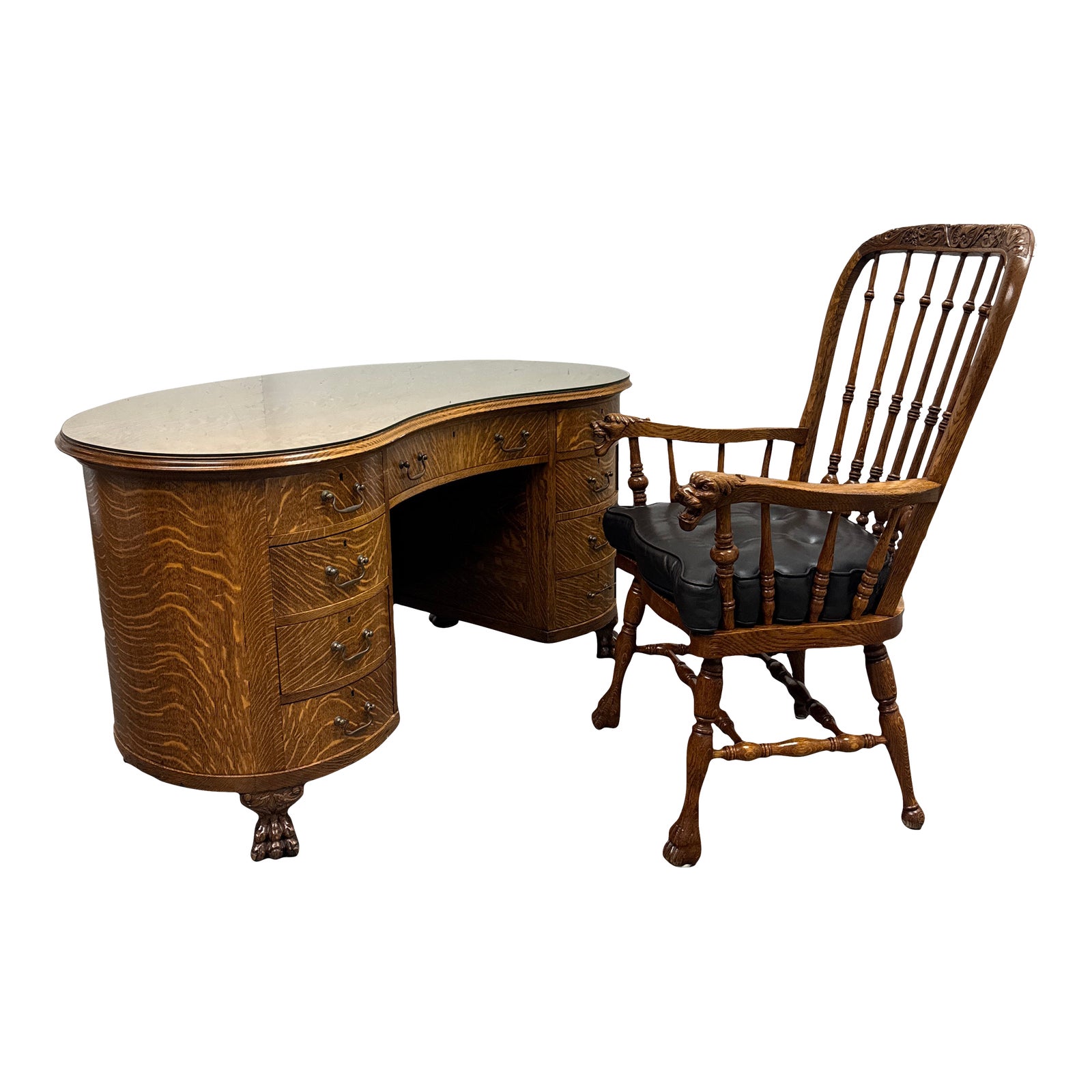 Antique Tiger Oak Kidney Shape Desk + Stickley & Brandt Chair, Set ...