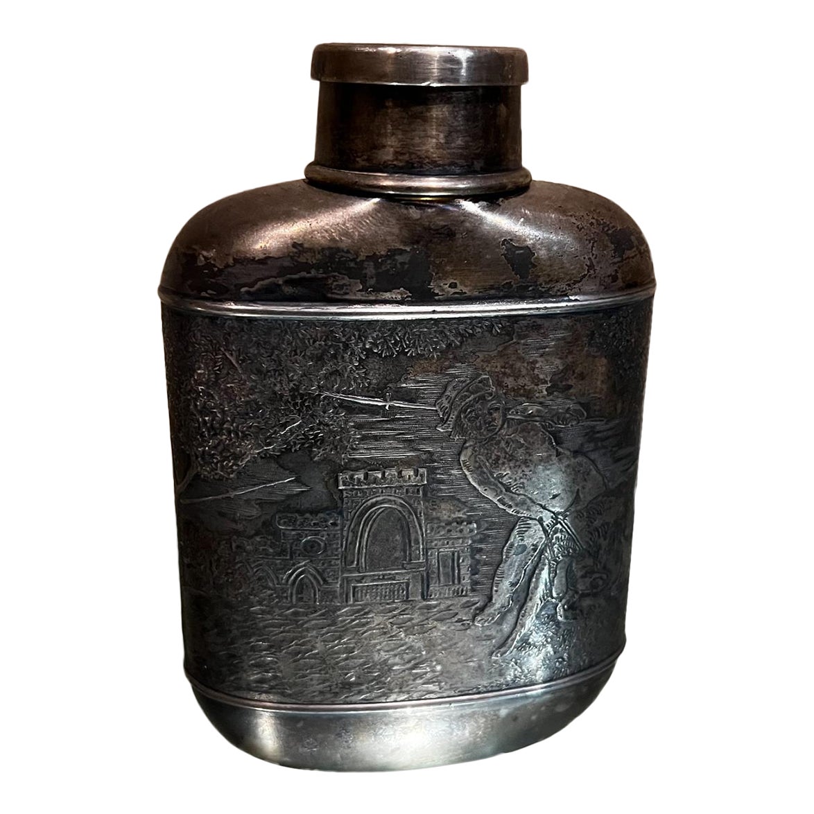 Old English Silver Liquor Flask & Cup Figural Relief Hunting Castle ...