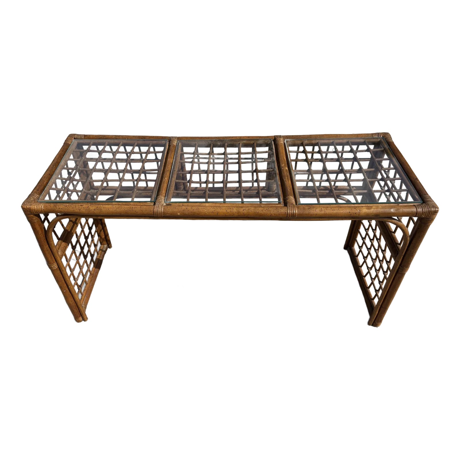 1970s Boho Chic Brown Lattice Rattan Rectangular Sofa Console Table ...