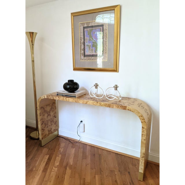 Modern Burlwood and Brushed Brass Waterfall Console Table | Chairish