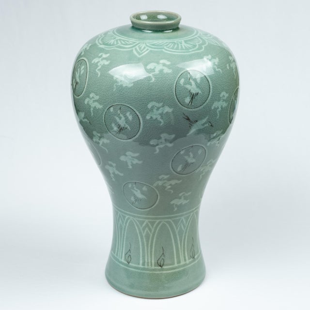 Large Early 20th Century Korean Celadon Maebyeong Vase With Incised Crane and Cloud Decoration ...