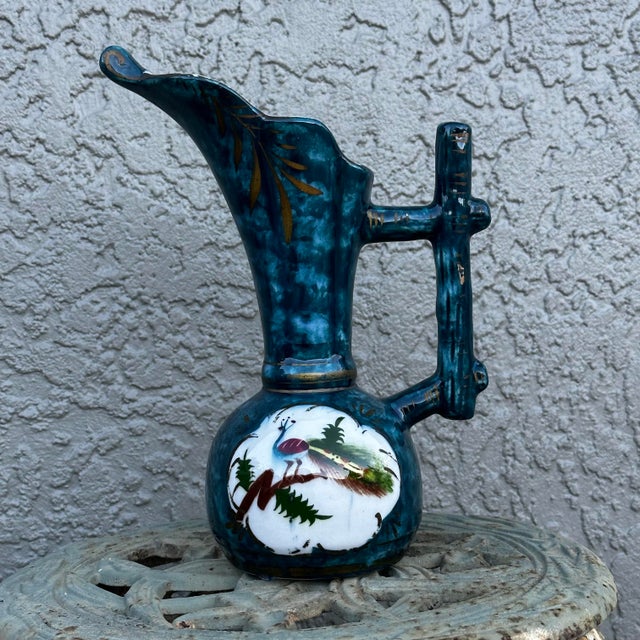 Vintage 20th Century Hand Painted Henri Bequet Peacock Pitcher | Chairish