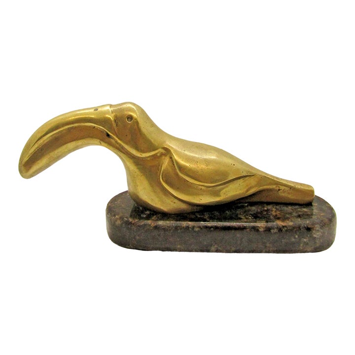 Mid-Century Modern Solid Brass Toucan Sculpture on Marble Base | Chairish