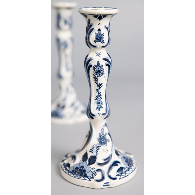 Vintage Tall Dutch Delft Faience Floral Candlesticks - a Pair | Chairish