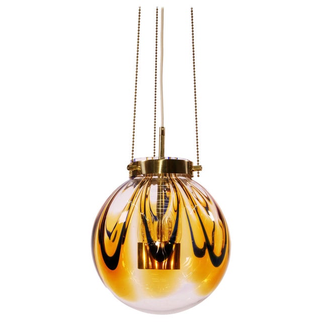 1960 Germany Kaiser Amber Glass Pendant Light Murano & Gilt-Brass ...