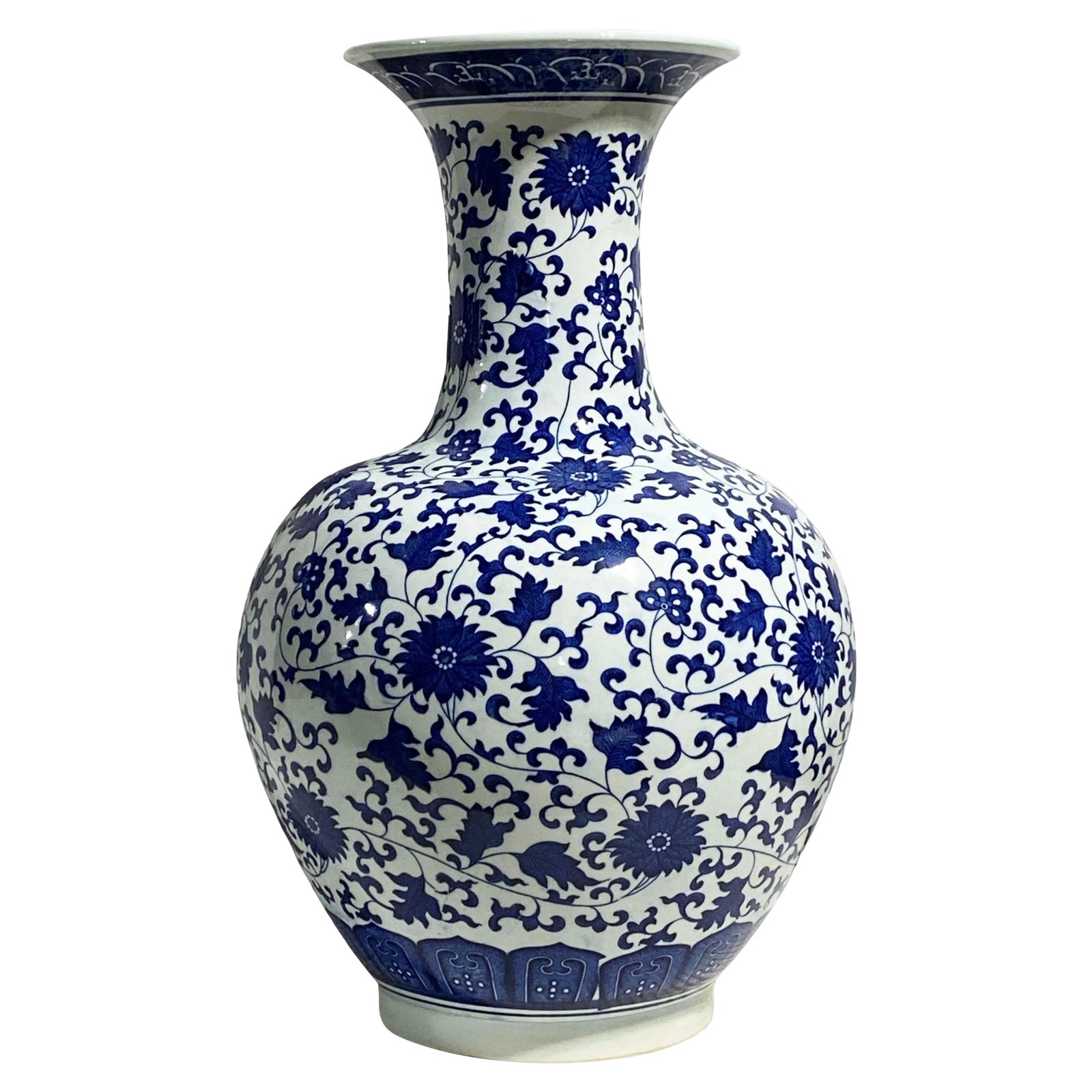 Lg Chinoiserie Blue & White Porcelain Onion Shape Chrysanthemum Vase 25 ...