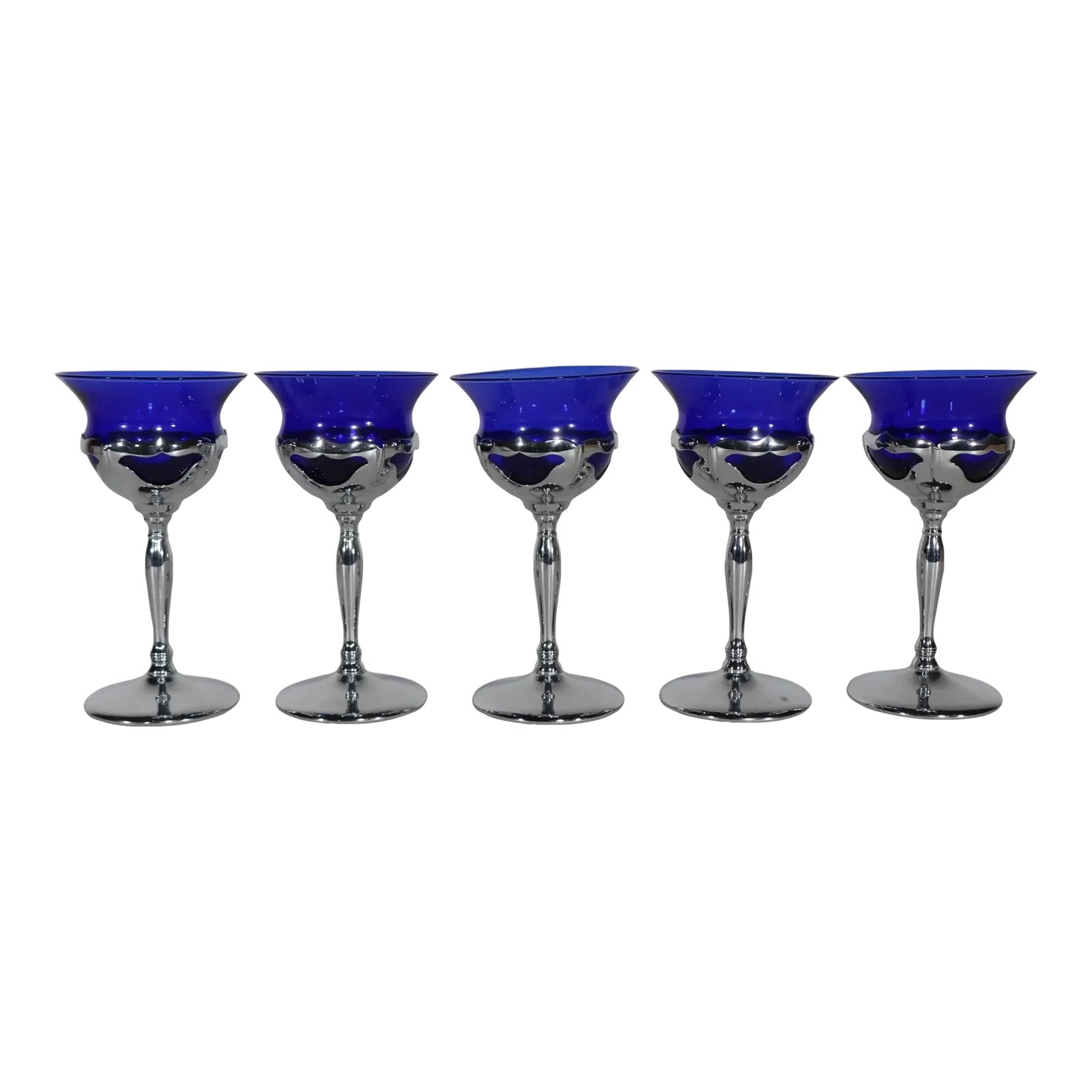 Set of Five Art Deco Mid Century Cobalt Glass and Chrome Wine Glasses ...