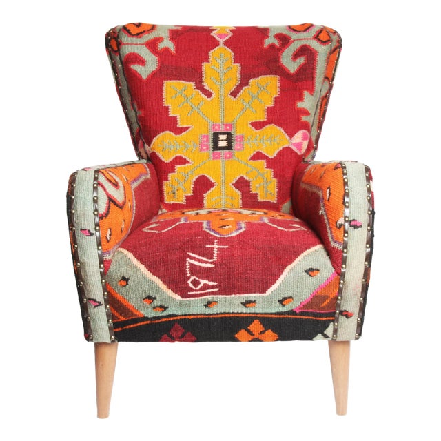 Handmade Vintage Kilim Covered Wooden Armchair | Chairish