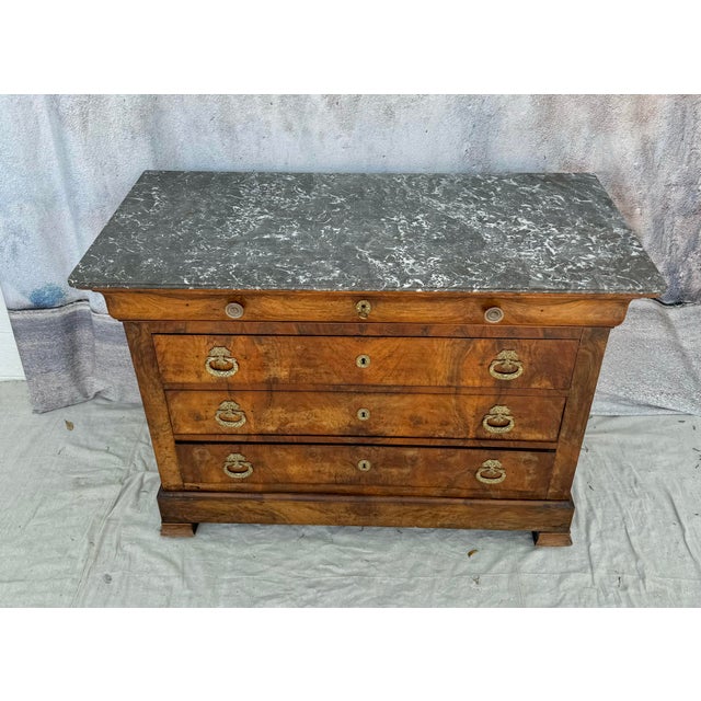 French Louis Philippe Marble Top Walnut Commode | Chairish