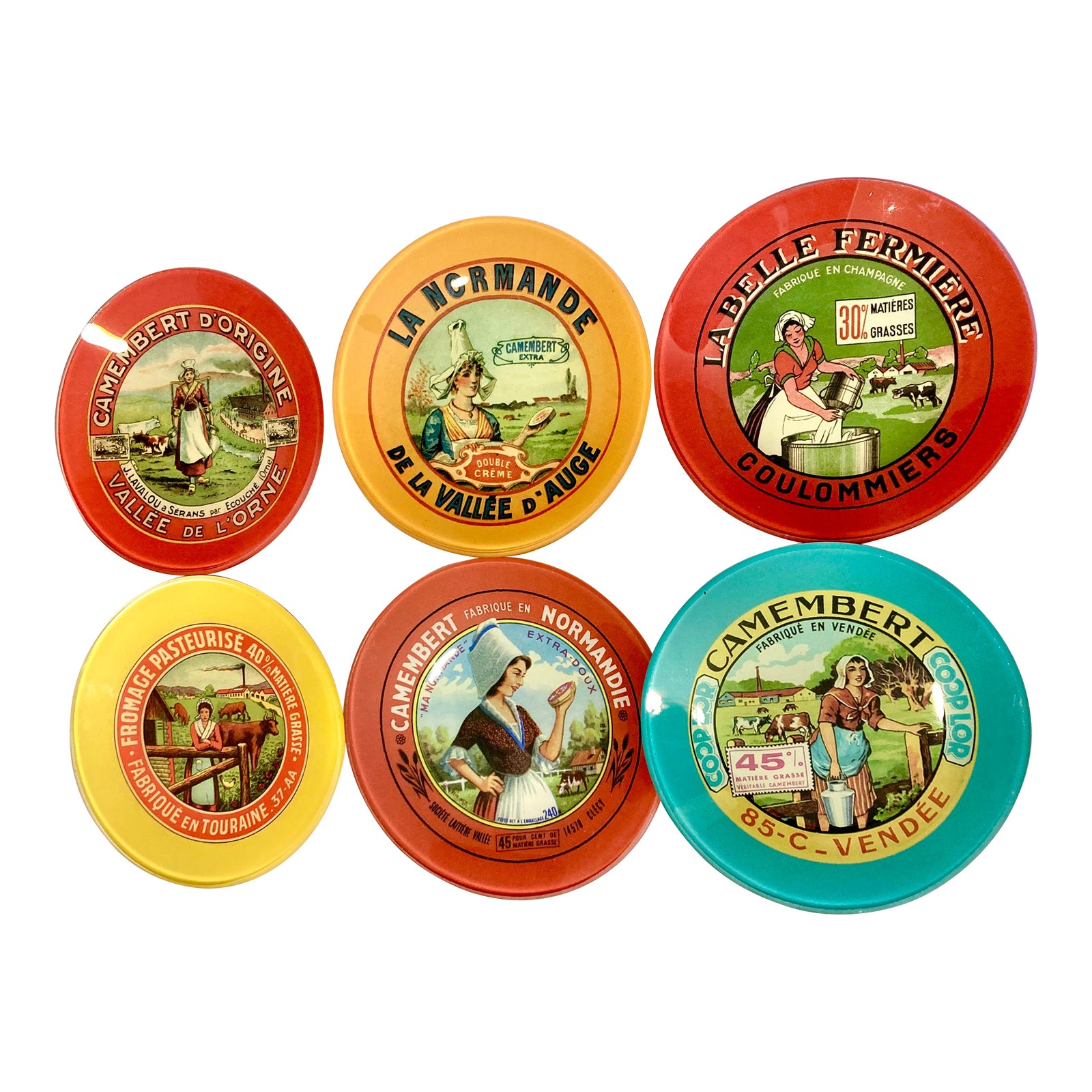 Set of 6 Vintage Glass French Camembert Label Plates | Chairish