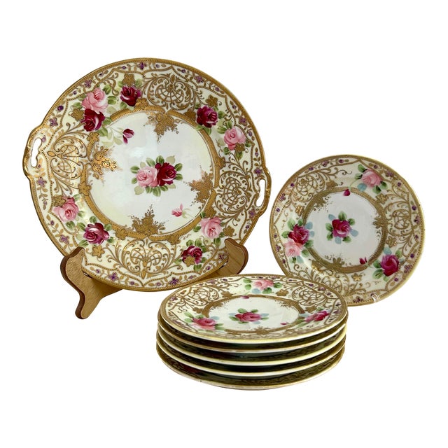 Antique Gold & Rose Server & Plates - S/7 | Chairish