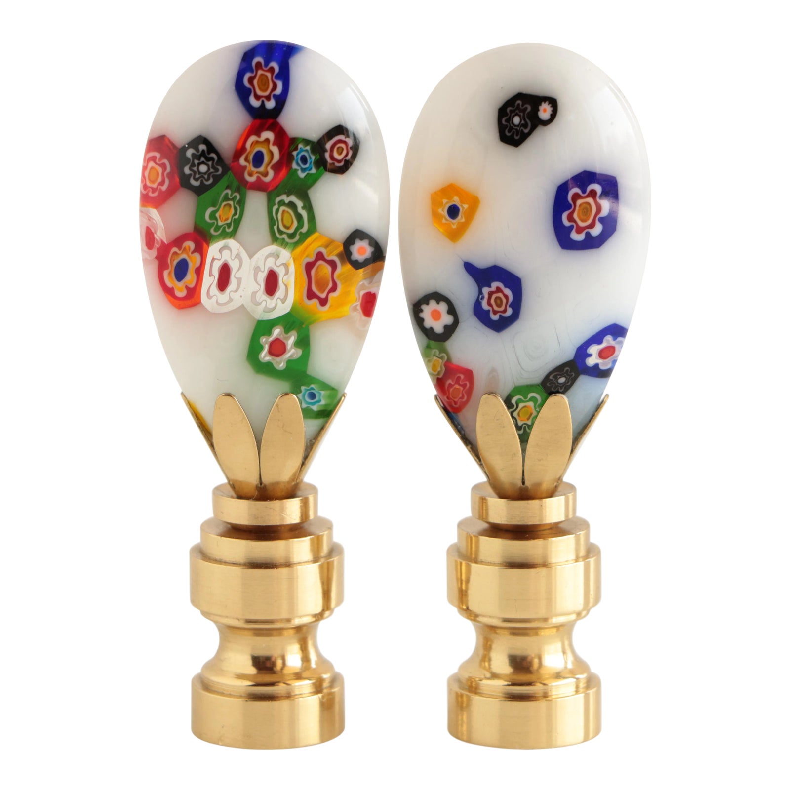 Millefiori Glass Lamp Finials on Shiny Brass Bases - a Pair | Chairish