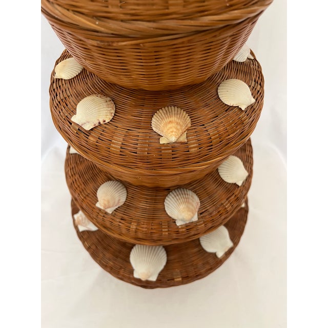 Vintage Stacked Wicker Basket Lamp With Shell Accents | Chairish