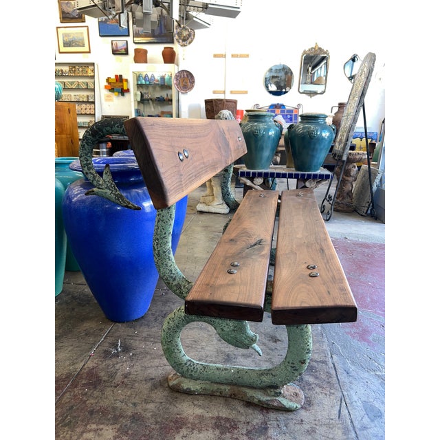 1920s Vintage Snake-Inspired Iron and Black Walnut Wood Bench | Chairish