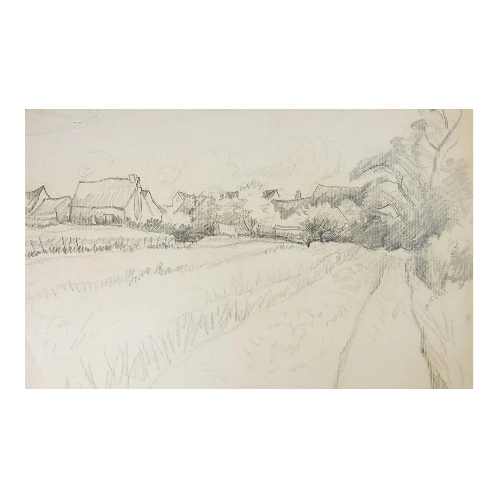 Vintage Rustic Pastoral Farm Landscape Pencil Study Drawing | Chairish