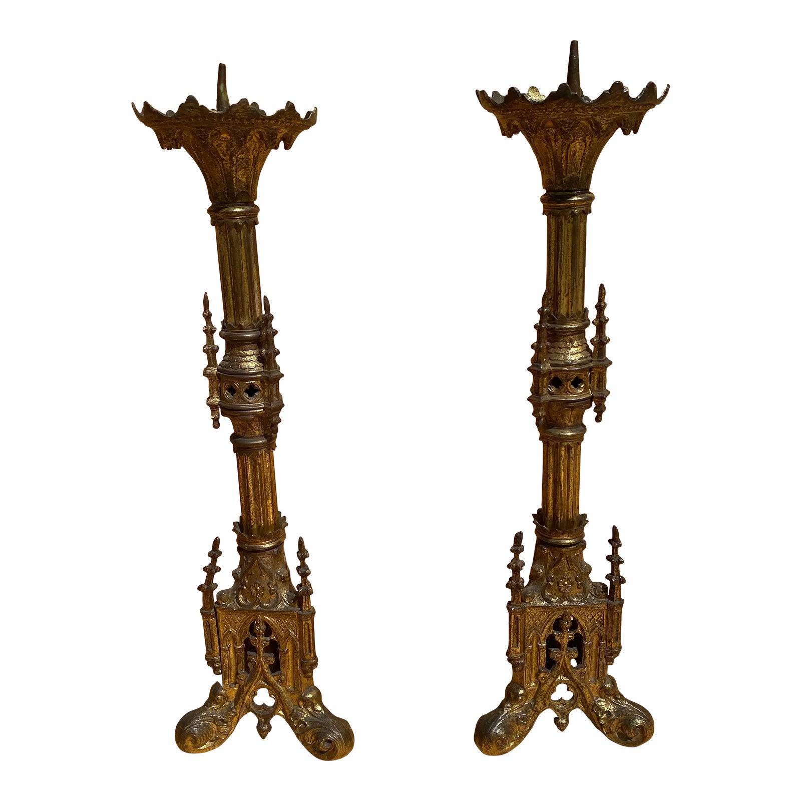 Antique French Neogothic Altar Torchère Candlestick Set - Pair | Chairish