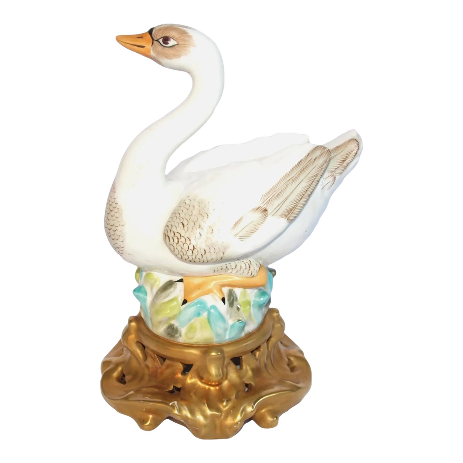 1960s Italian Hand Painted Mottahedeh Design Swan on Pedestal | Chairish