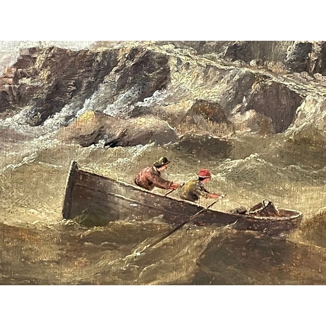 Traditional British 19th Century Oil Painting Fishing Boat Rough Choppy Seas by Henry Moore Ra ...