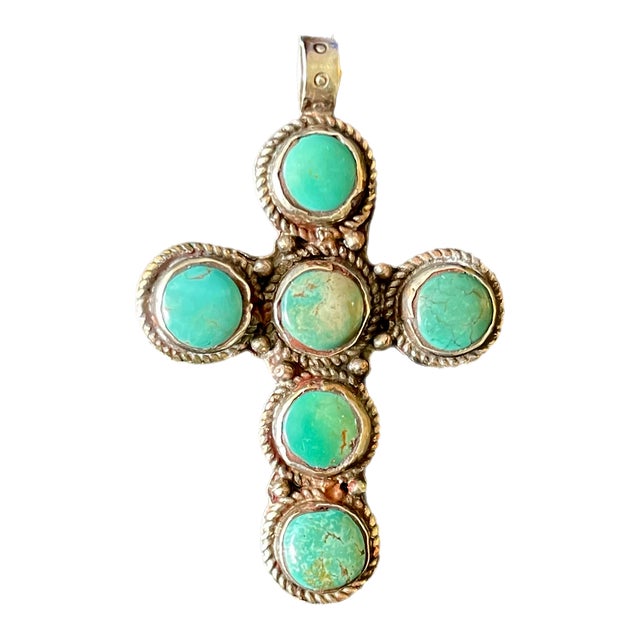 Old Pawn Navajo Large Silver and Turquoise Cross Pendant | Chairish