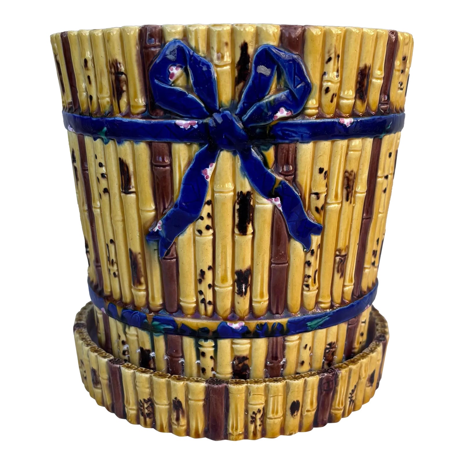 19th Century Victorian Majolica Bamboo Cachepot Minton | Chairish