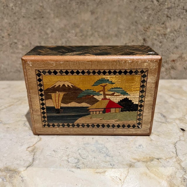 1950s Japanese Secret Puzzle Box Wood Inlay Mt Fuji Floral | Chairish