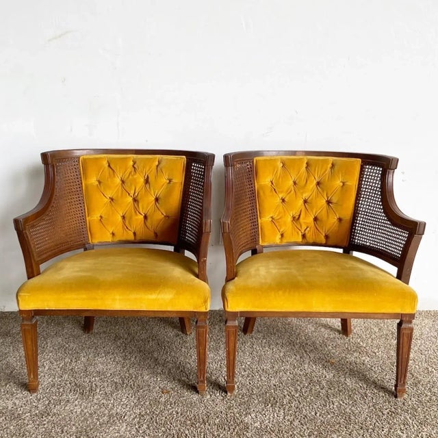 Regency Orange Tufted and Bran Cane Arm Chairs - a Pair | Chairish