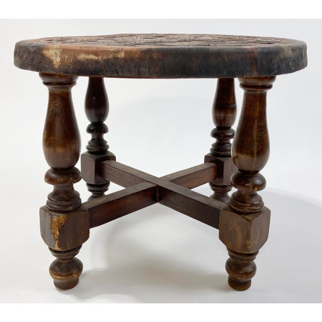 Vintage Tooled Leather Turned Wood Stool | Chairish