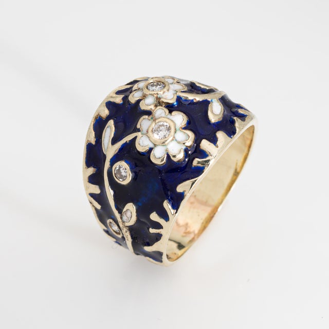 Vintage Diamond Enamel Flower Wide Cigar Band Ring Size 6.5 | Chairish