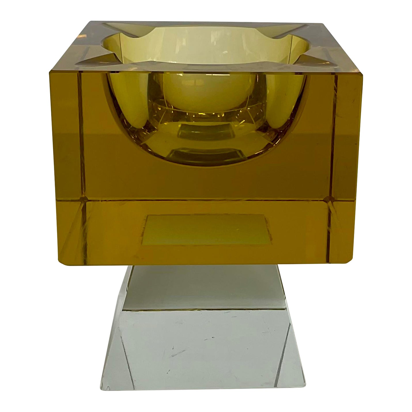 Vintage Mid-Century Modern Citron Crystal Cube Pedestal Ashtray | Chairish
