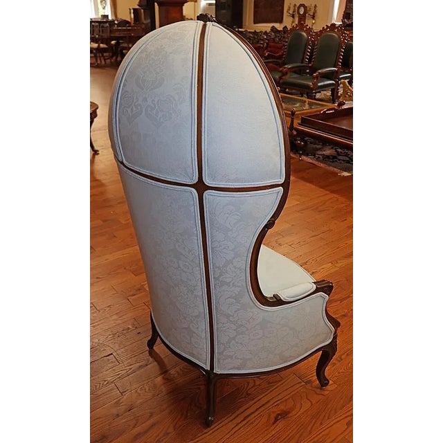 French Louis XV Style Blue Damask Fabric Hooded Porters Chair | Chairish