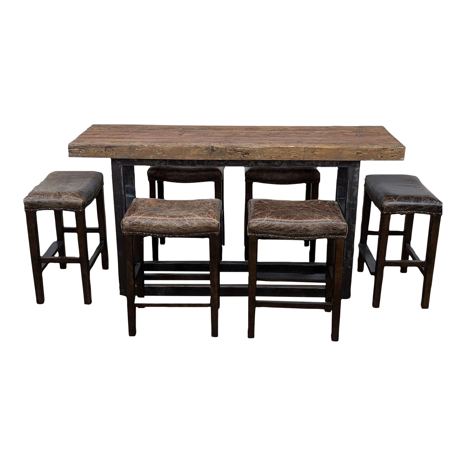 Pottery Barn Rustic Counter Height Dining Set With Six Leather Stools ...