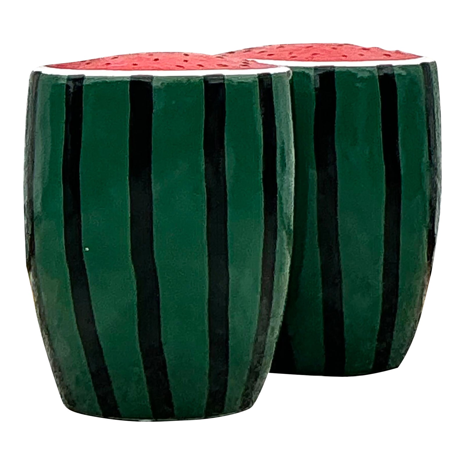 Vintage Boho Glazed Ceramic Watermelon Low Stools - a Pair | Chairish