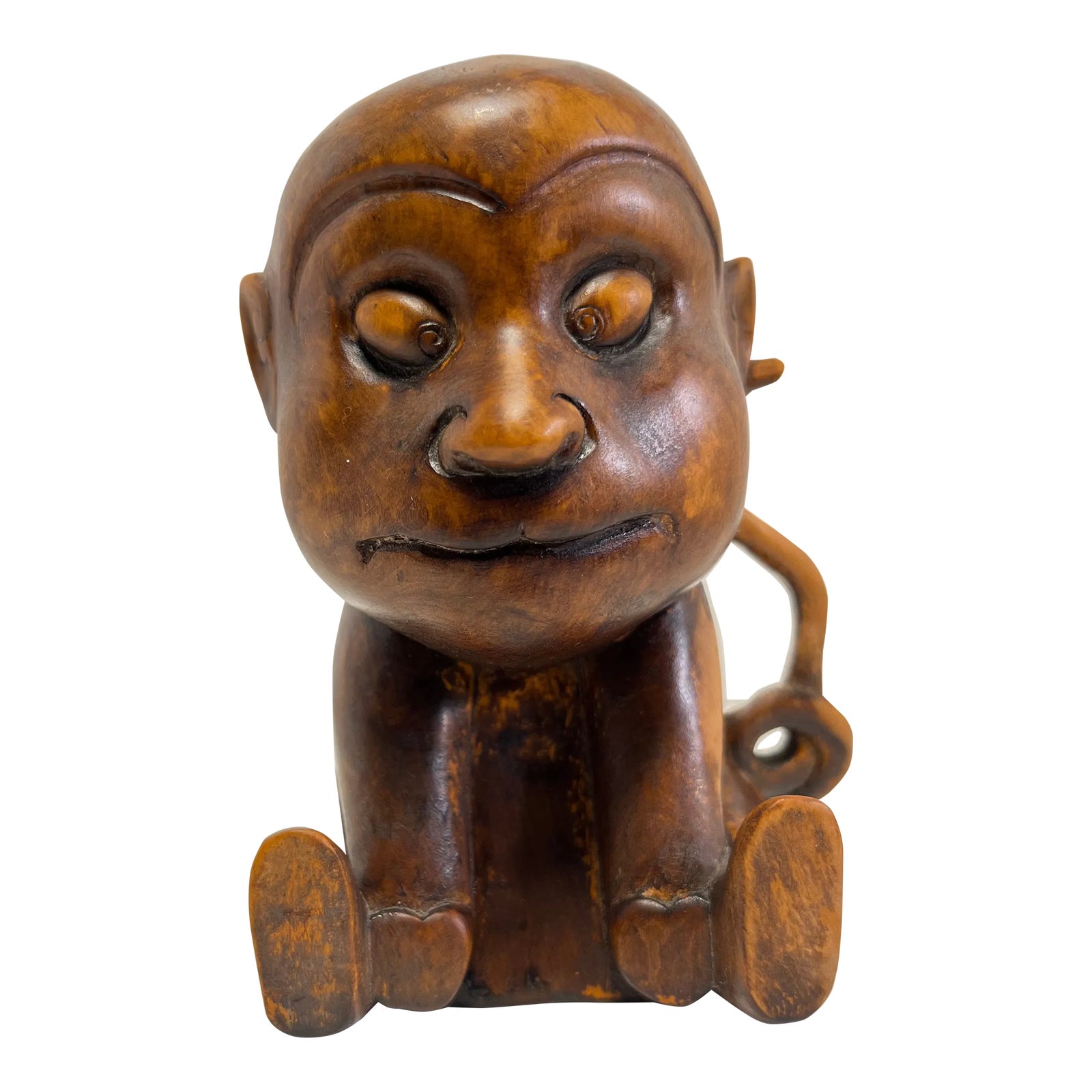 Antique Japanese Hand Carved Wooden Monkey Figurine | Chairish