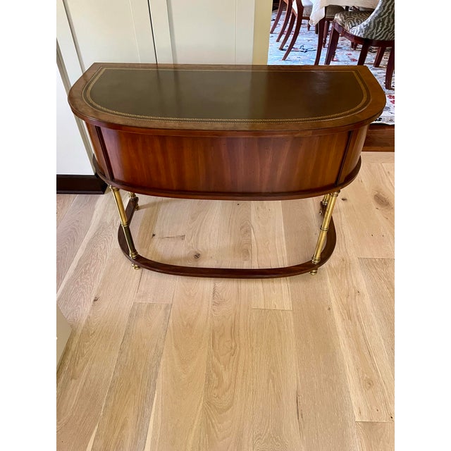 Burled Walnut, Brass and Leather Top Demilune Desk by Sligh | Chairish