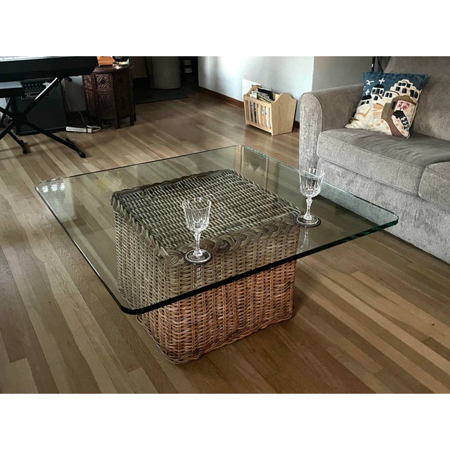 Organic Modern Large Glass Coffee Table With Rattan Base | Chairish