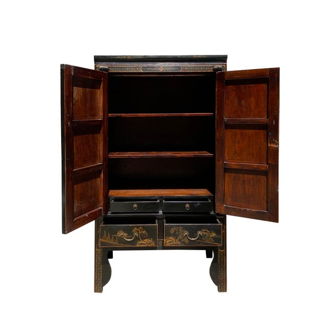 Chinese Distressed Black Color Scenery Moon Face Wardrobe Cabinet ...