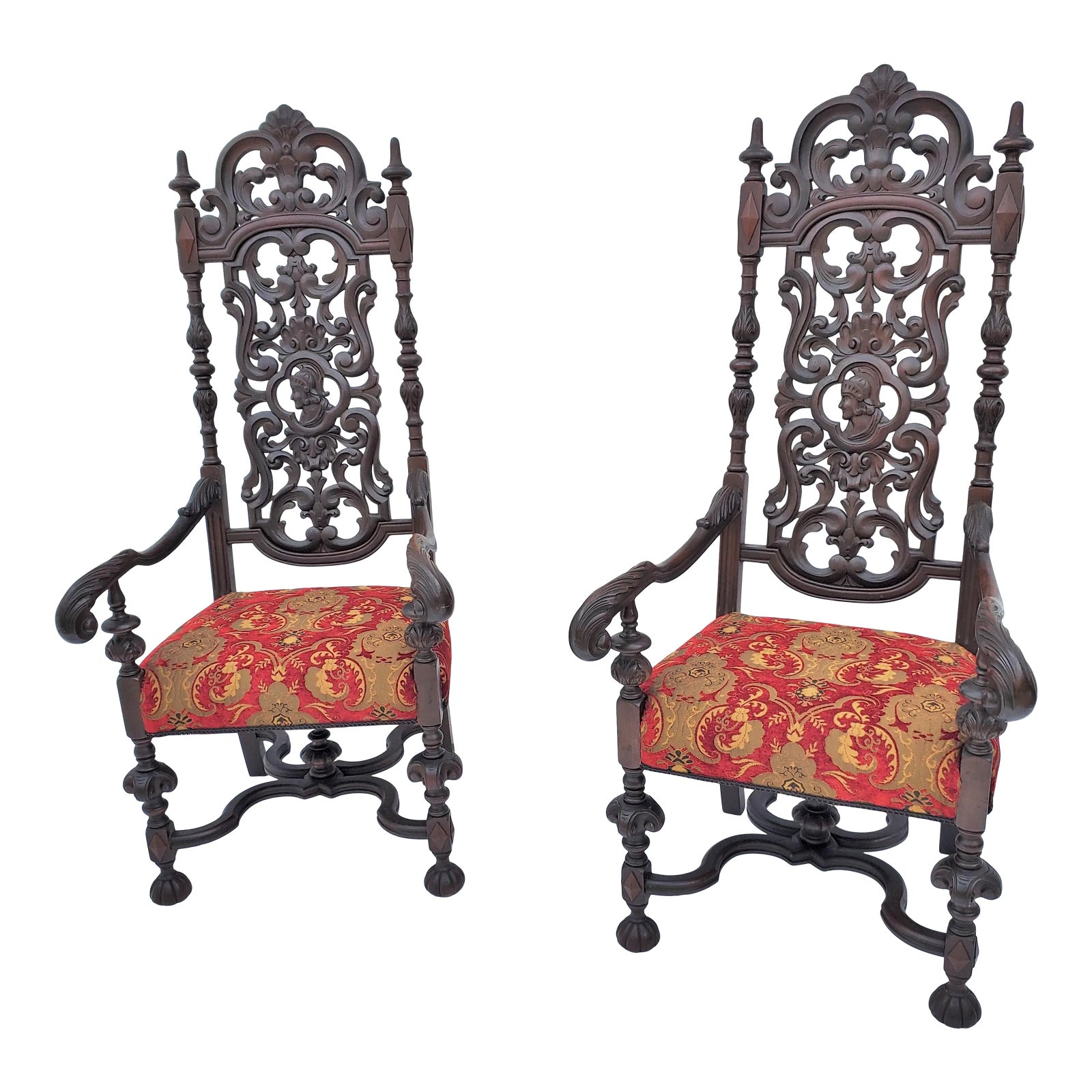 Spanish Renaissance Revival Style Carved Throne High Back Arm Chairs ...