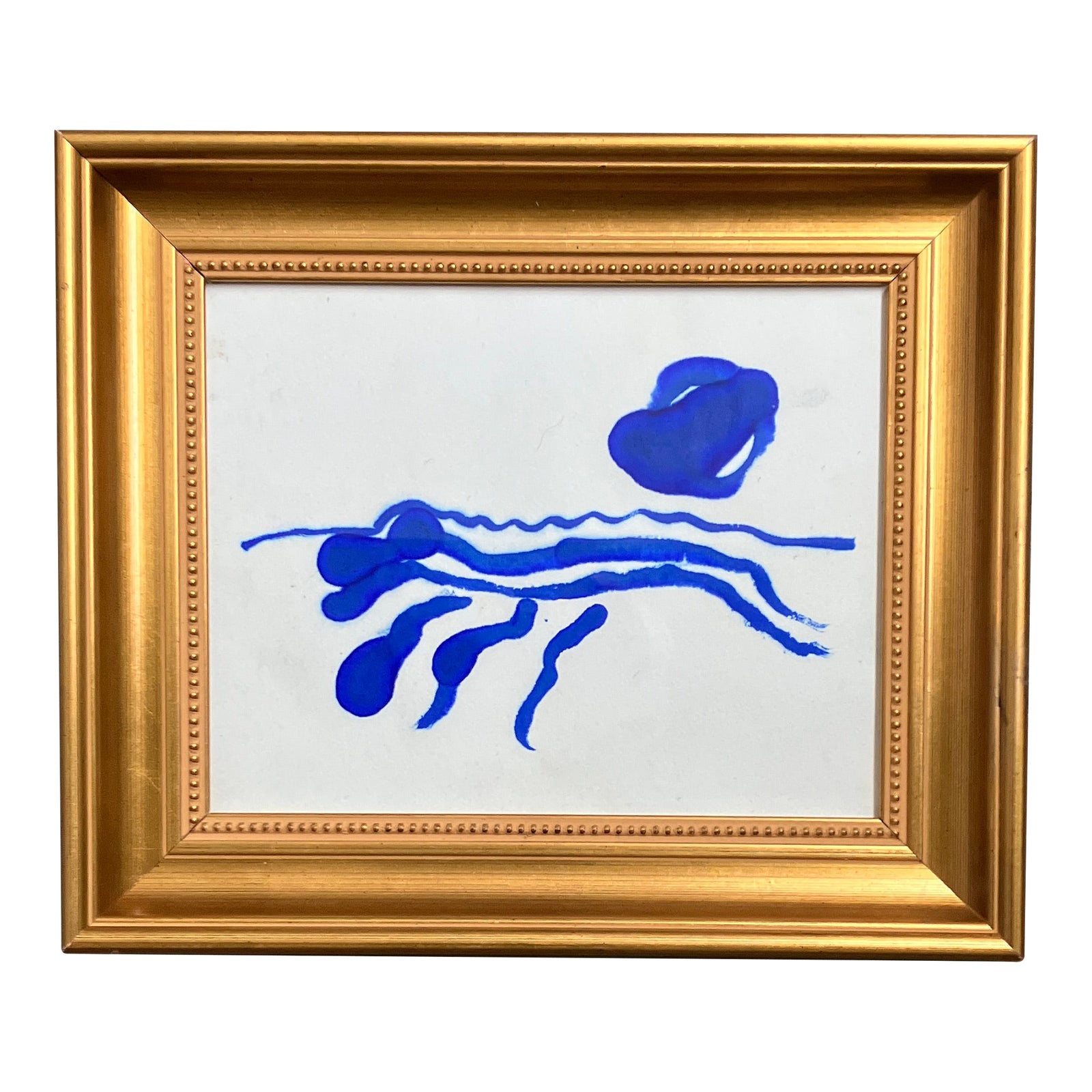 Contemporary Original Blue Ink Abstract Painting Chunky Gold Frame ...
