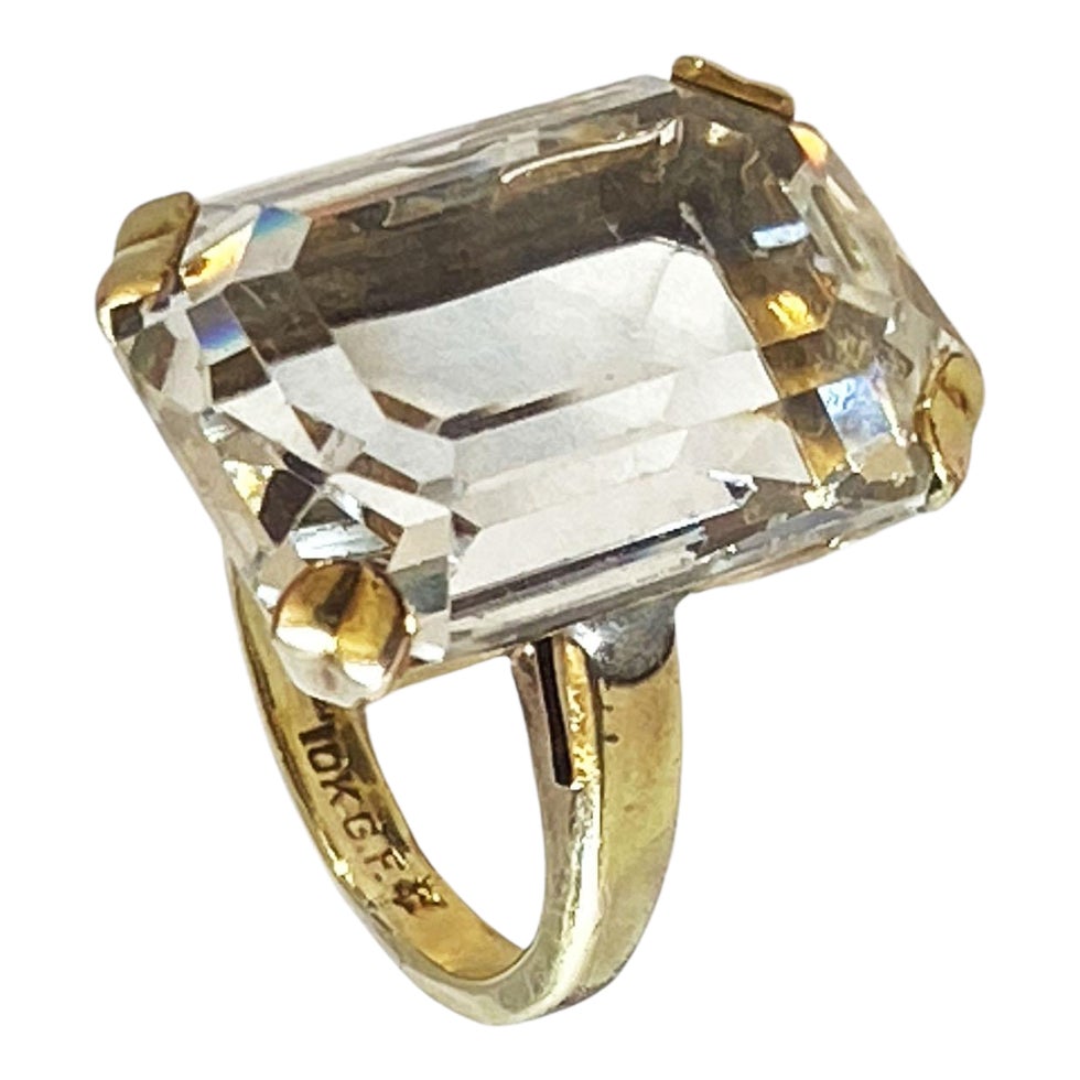 10k Gold Art Deco Ring W/ a Baguette Cut Colorless Faux White Sapphire ...