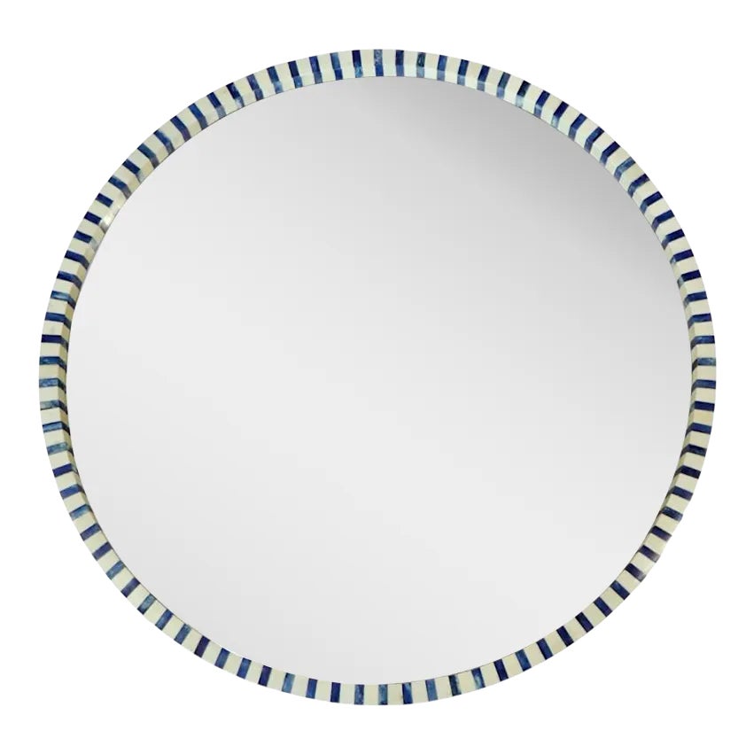 Blue & White Striped Round Bone Inlay Mirror | Chairish
