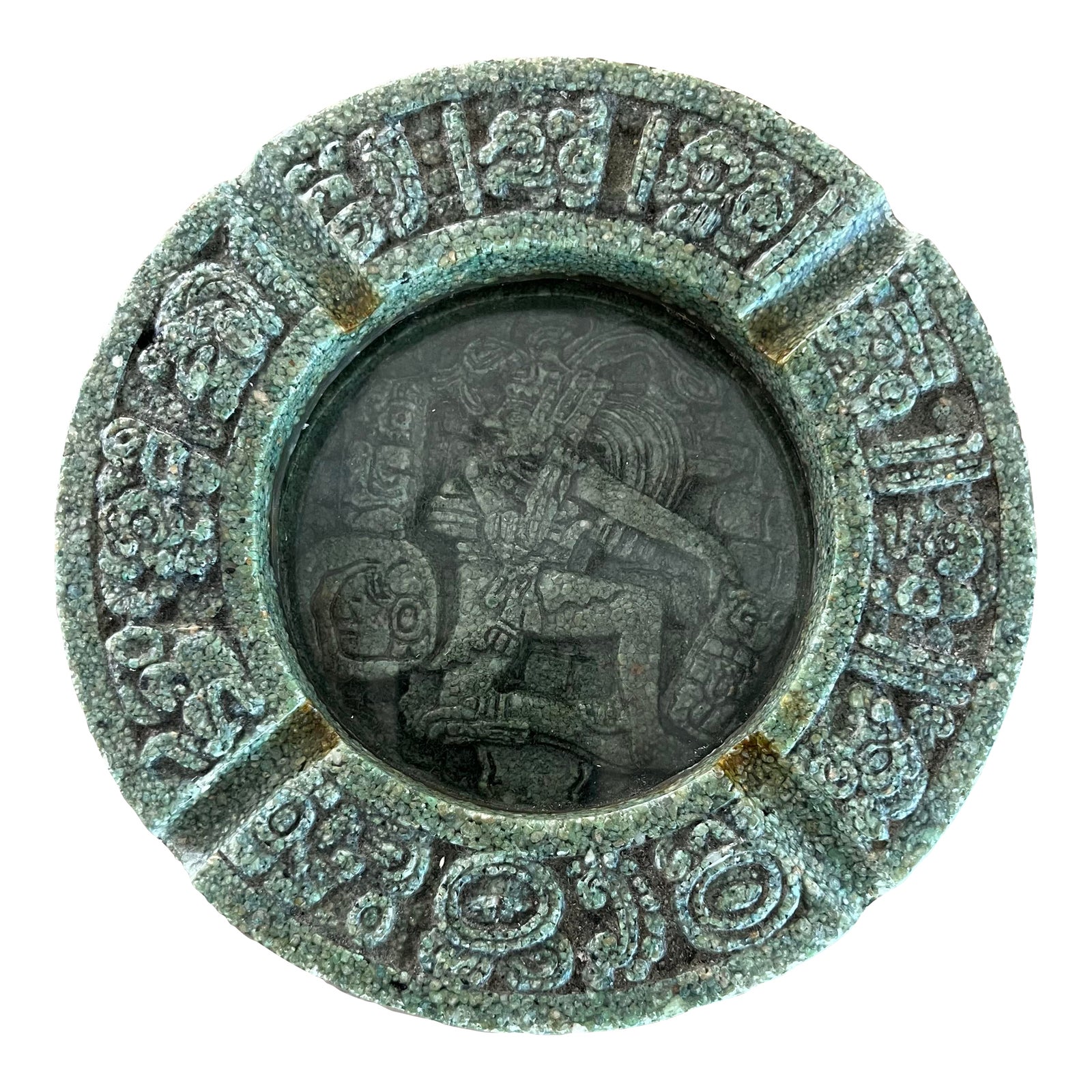 1970s Crushed Malachite Mayan Aztec Motif Round Ashtray | Chairish