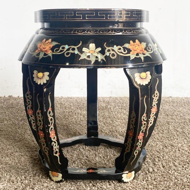 Chinese Black Lacquered and Hand Painted Low Stool/Side Table | Chairish