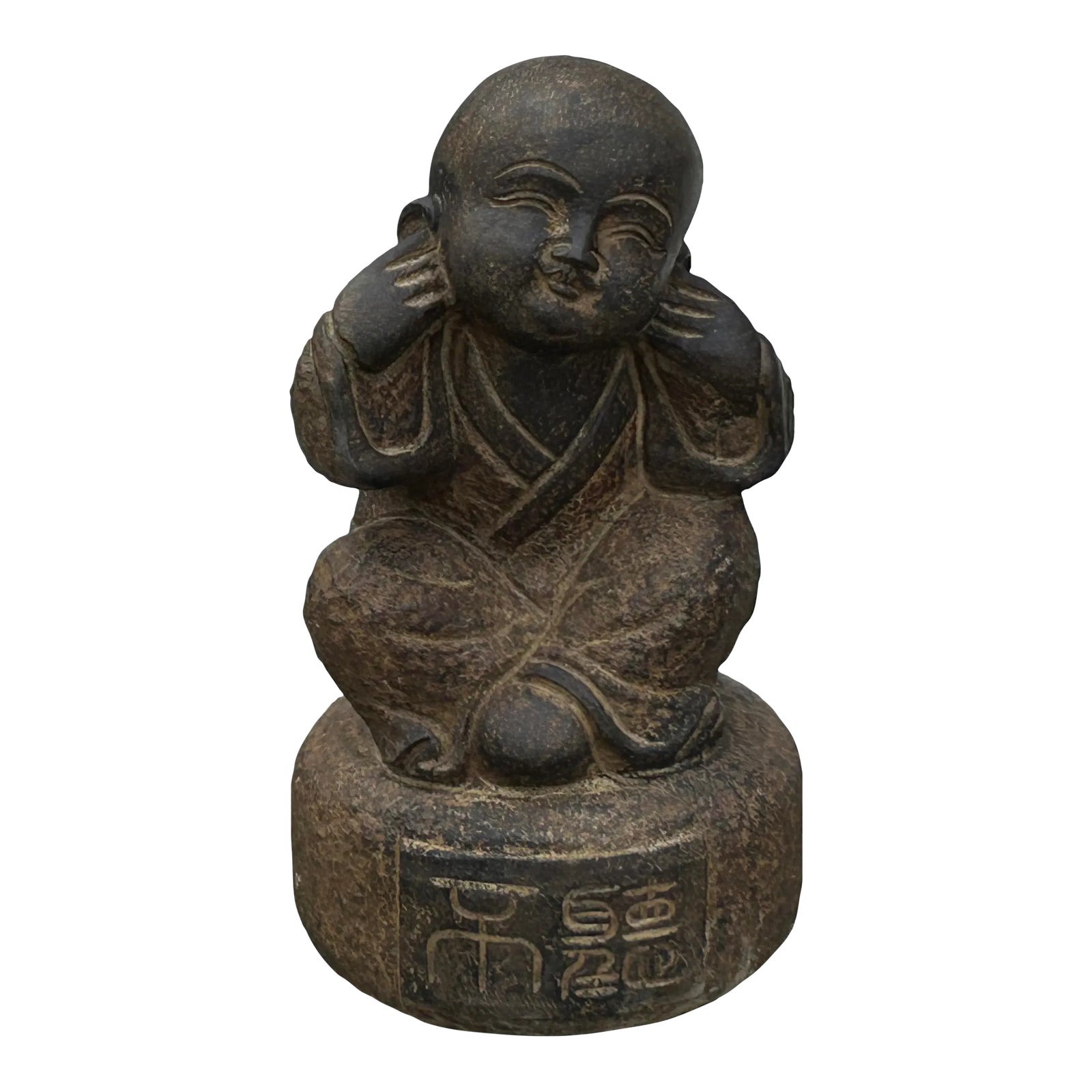 Oriental Gray Stone Little Lohon Monk Covering Ears Statue | Chairish