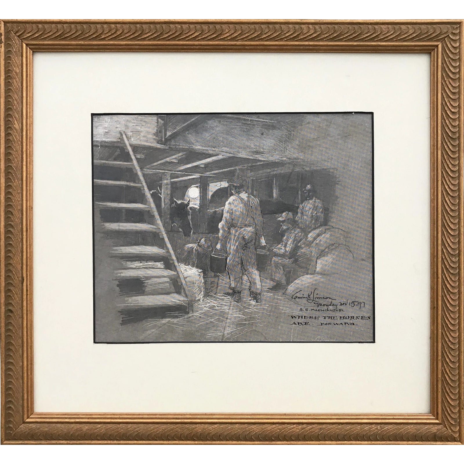 Original Vintage Drawing Illustration of Horses in a Barn Corwin Knapp ...