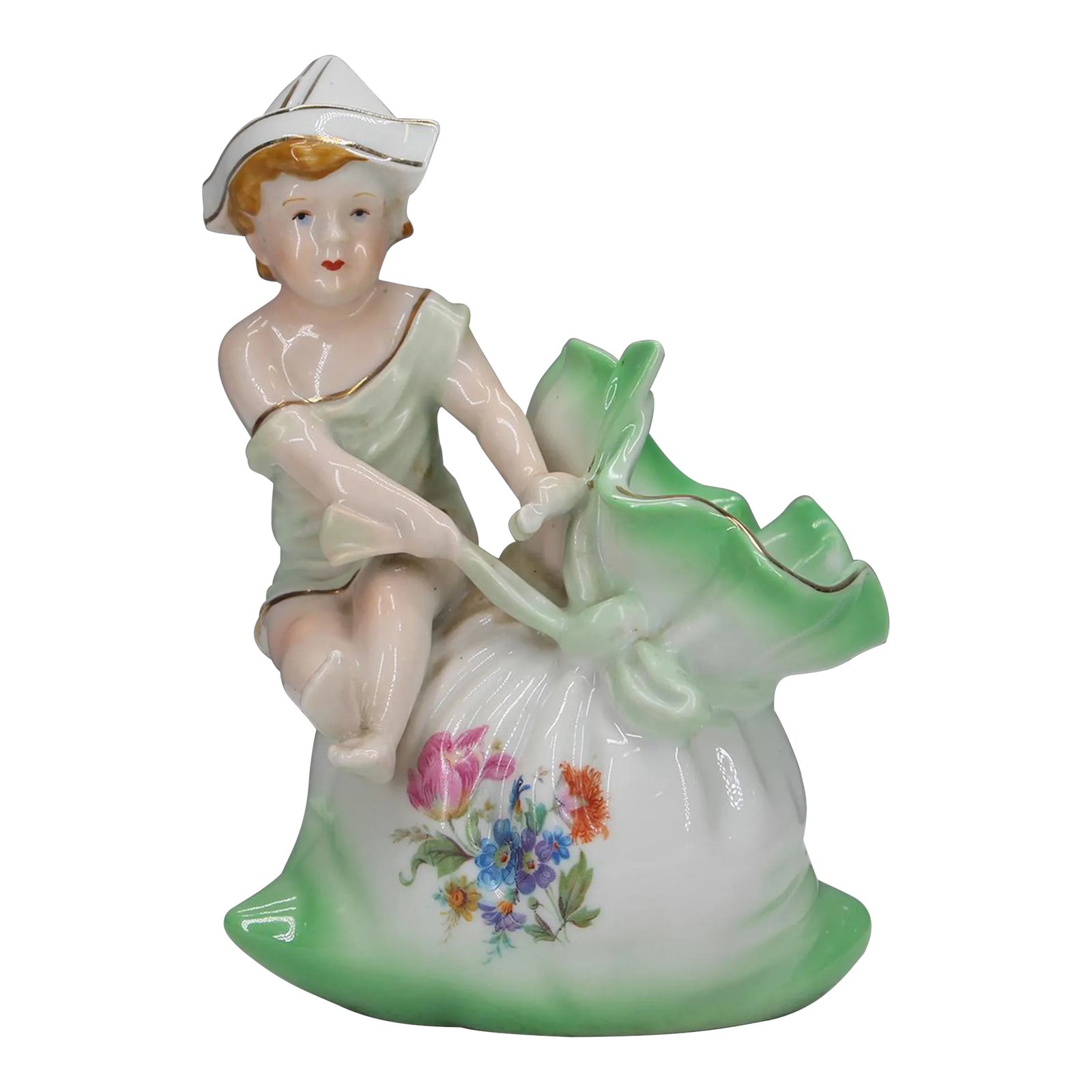 1940s Portuguese Porcelain Vase Depicting a Kid With a Paper Hat | Chairish