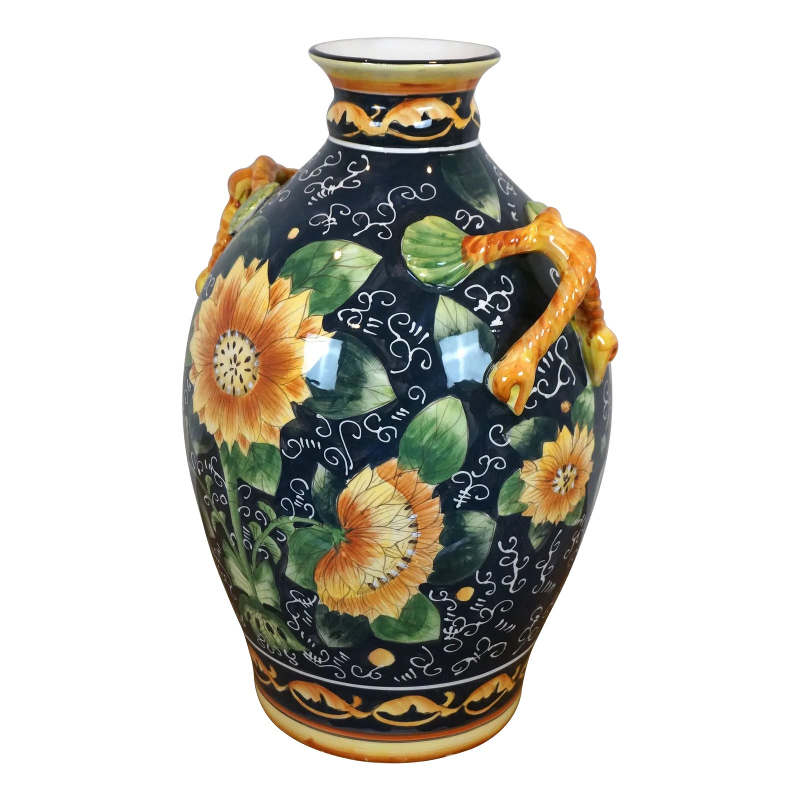 Late 20th Century Italian Style Porcelain Sunflower Vase Urn Jug Pitcher With Branch Handles ...